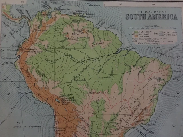 ANTIQUE MAP PHYSICAL Map Of South America 1901 Map Of The World Atlas ...