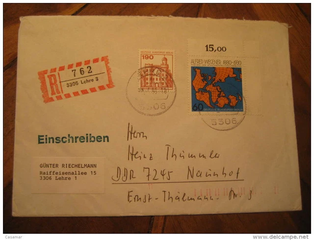 LEHRE 1980 ALFRED Wegener Geography Map Mappa Stamp On Registered Cover ...