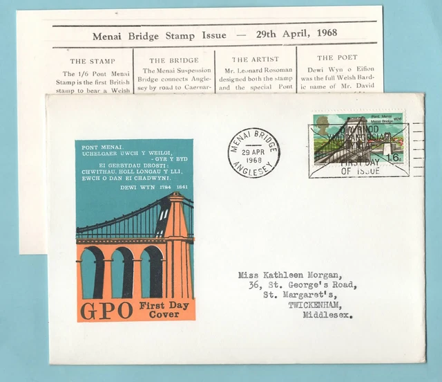 BRIDGES 1968 -GPO Special Cover and Slogan Menai Bridge (First Day ...