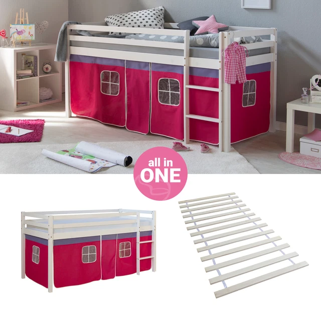 LIT SUPERPOSÉ 90X200 Lit d'enfant mezzanine Lattes Bois Rideau Rose ...