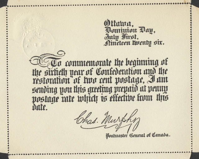 1926 POSTMASTER GENERAL Announcement Card Restoration of Two Cent ...