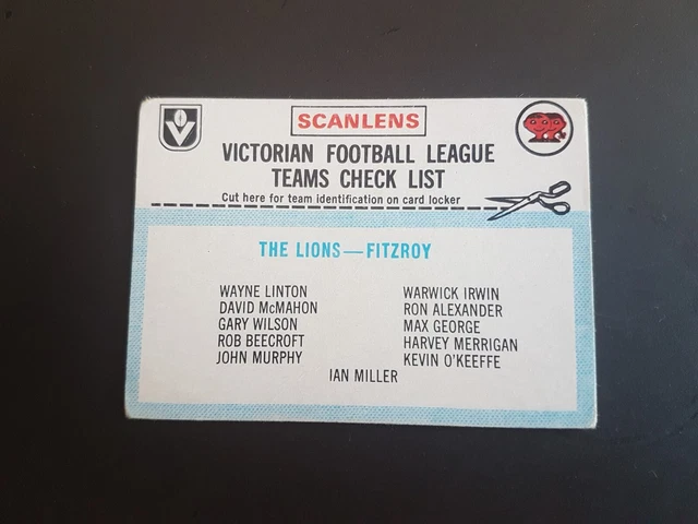 1977 FITZROY LIONS Scanlens VFL / AFL Checklist Card - unmarked EUR 5 ...