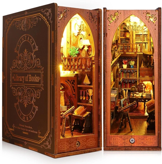 HUKOER 3D WOODEN Book Nook Kit DIY Miniature Dolls House with Furniture ...