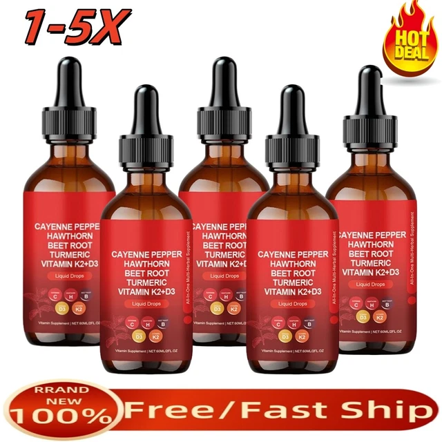 1-5X CAYENNE PEPPER Hawthorn Beet Root Turmeric Vitamin K2+D3 Liquid ...