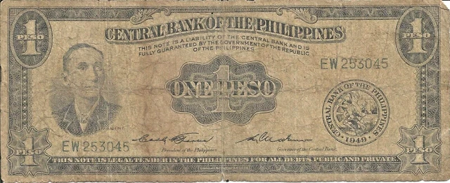 CENTRAL BANK OF THE PHILIPPINES 1 PESO Bill NOTE 1949 CIR. # 90 £5.64 ...