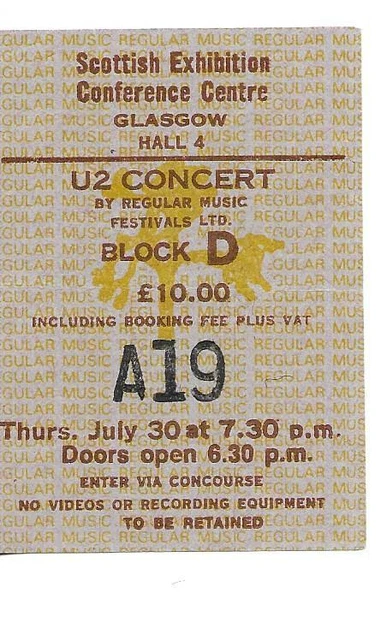 RARE / TICKET Billet Concert - U2 Bono : Live In Glasgow Ecosse 1987 ...