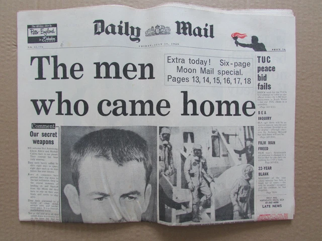 ORIGINAL UK NEWSPAPER DAILY SKETCH July 25 1969 APOLLO 11 RETURNS MOON ...