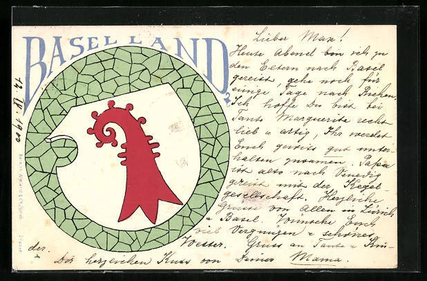 BASEL, BASLERSTAB MIT Wappen des Schweizer Kantons, Ansichtskarte 1900 ...