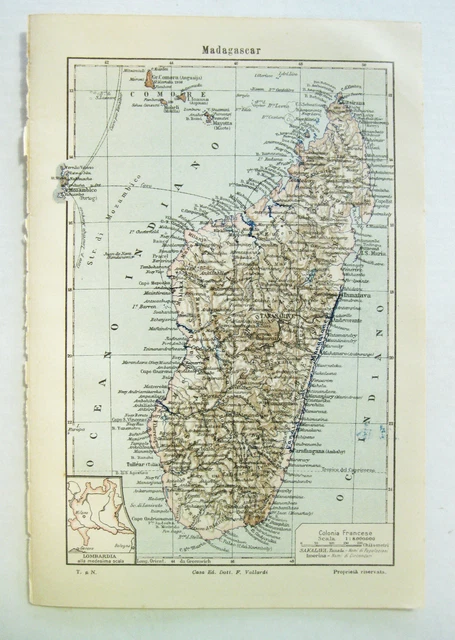 STAMPA ANTICA OLD map mappa AFRICA MADAGASCAR ISOLE COMORE TANANARIWE ...