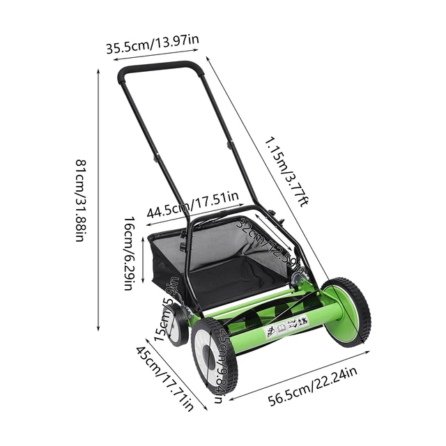 16'' 5-BLADE CORDLESS Manual Push Reel Lawn Mower Grass Cutting Machine ...