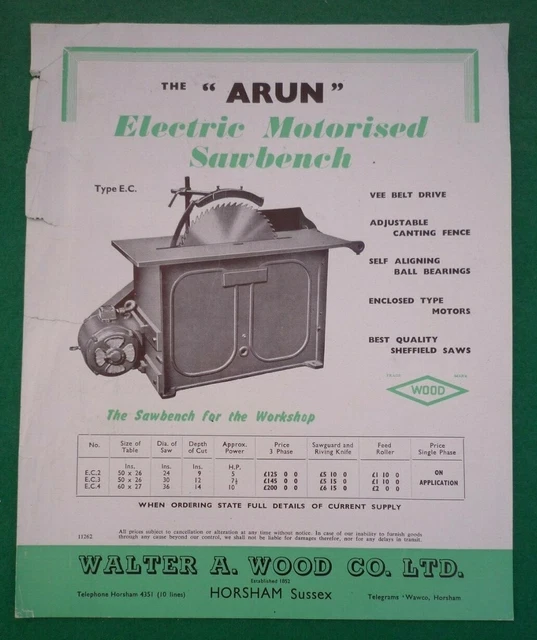 ARUN ELECTRIC MOTORISED Saw Bench Sawmaster Leaflet (Walter A Wood) Esm ...