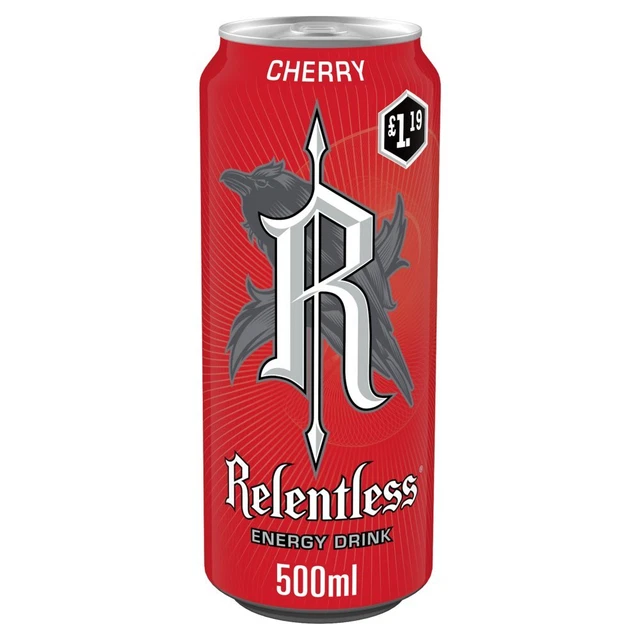RELENTLESS CHERRY FLAVOUR Energy Drinks 500mL Cans (PACK OF 12) Full ...