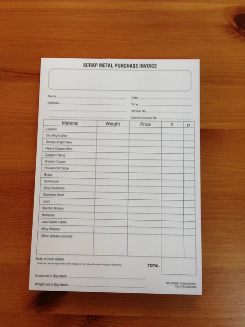 SCRAP METAL PURCHASE INVOICE PAD (wm/051) £5.98 - PicClick UK