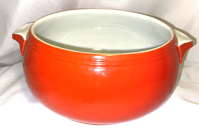 VINTAGE HALL POTTERY Chinese Red Casserole Bean Pot White Handles 1940s ...