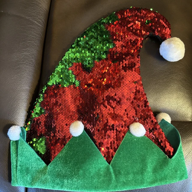 CHRISTMAS HOLIDAY RED Green Glittery Sequins Gold Bell Santa Elf Hat ...