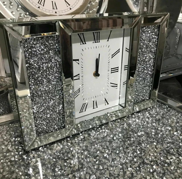 SPARKLY ELEGANT DESIGN Table Mantel Clock Silver Mirrored Diamond Crush ...