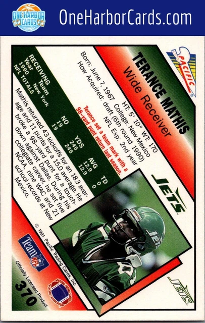 1991 PACIFIC NEW York Jets #370 Terance Mathis EUR 2,32 - PicClick FR