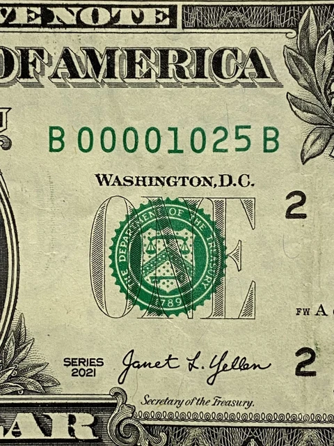 FANCY SERIAL NUMBER $ 1 Dollar Bill 4 DIGIT LOW Serial Number 00001025 ...
