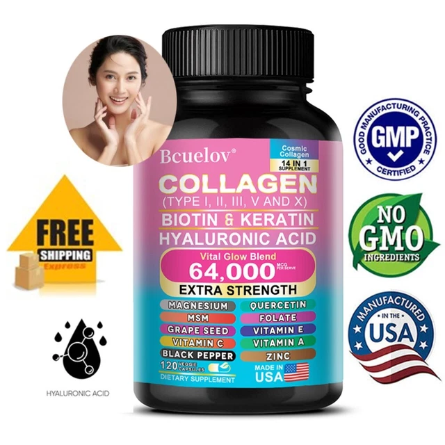 COLLAGEN PEPTIDES TYPES I, II, III, V, X 64,000mcg Biotin Anti-Aging ...
