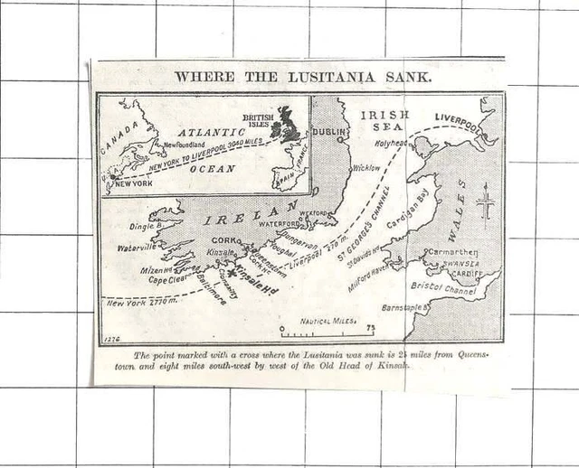 1915 A MAP Showing Where The Lusitania Sank Off Kinsale £5.00 - PicClick UK