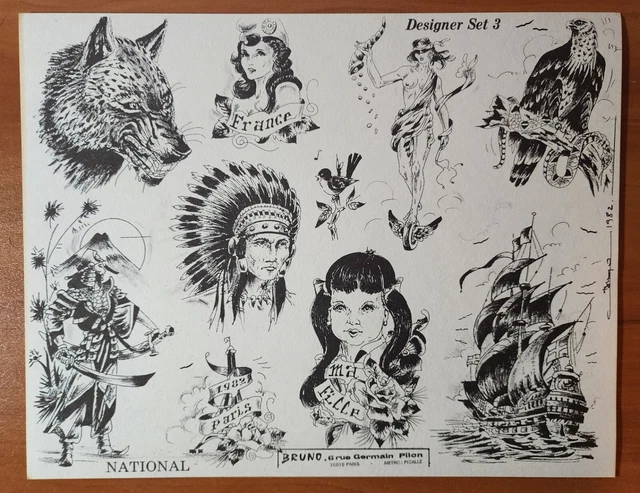 RARE ORIGINAL TRADITIONAL Vintage 1981 National Tattoo Flash Sheet ...