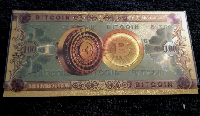 GOLD FOIL ONE Hundred Bitcoin BTC Collection Note w/ 24k Gold Mini Bar ...