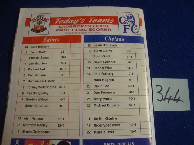 SOUTHAMPTON FOOTBALL CLUB V Chelsea Fc Programme Feb 1996 (344) £1.99 ...