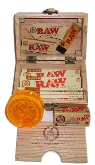 RAW WOODEN ROLLING Storage Box Gift Set Organic Hemp Smoking Paper Tips ...