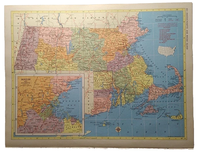 1955 ANTIQUE MASSACHUSETTS Atlas Map - MCM Hammond's New Supreme World ...