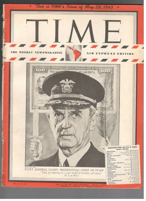 RARE TIME MAGAZINE May 28 1945 Fleet Admiral Leahy Presidential Chief ...