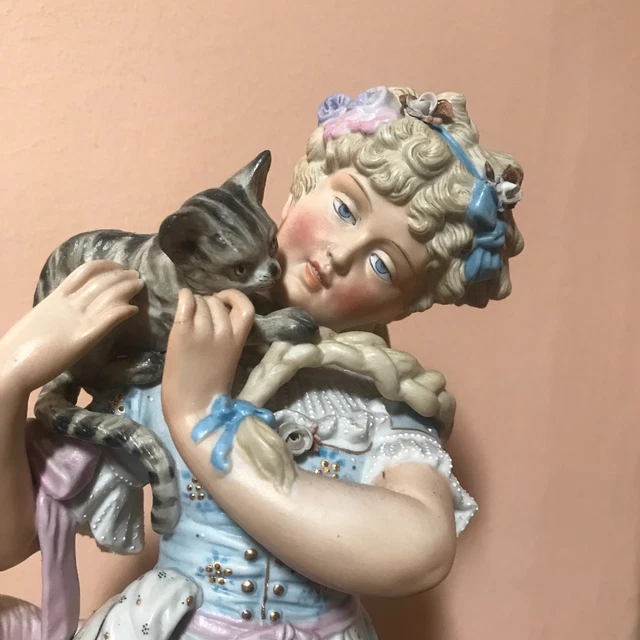ANTIQUE GERMAN BISQUE Figure Girl Cat c.1890 Conta & Boehme Porcelain ...