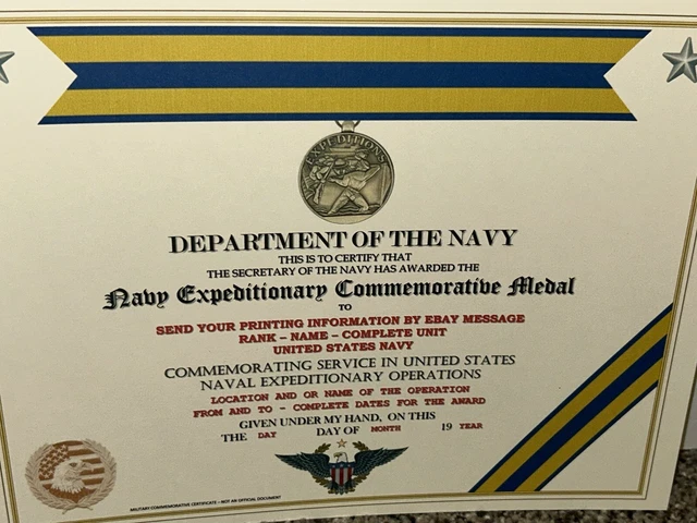 U.S. NAVY EXPEDITIONARY Commemorative Medal Certificate~W/Printing T-1 ...