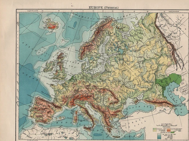 1902 CARTE ~EUROPE Physique~ Pays Hauteurs Mountain Ranges EUR 26,96 ...