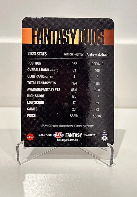 2024 TEAMCOACH FANTASY DUOS ESSENDON AFD 05 CARD AFL McGRATH REDMAN $20 ...