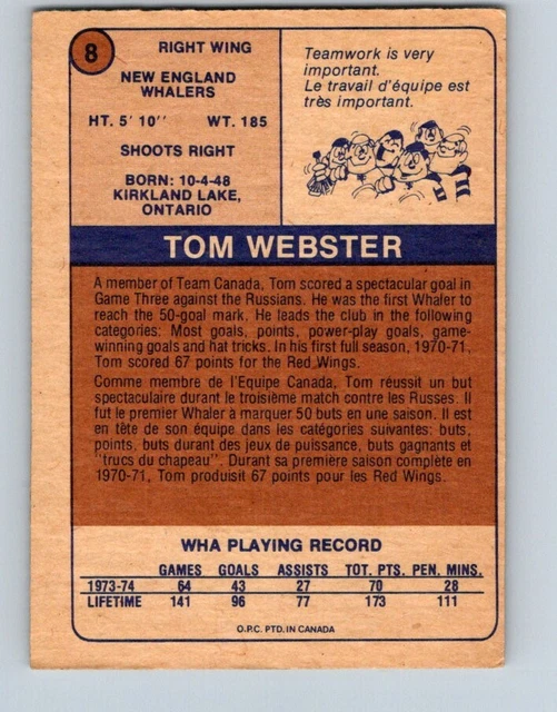 VINTAGE HOCKEY CARD Opc 1974 Wha New England Whalers Tom Webster No84 ...