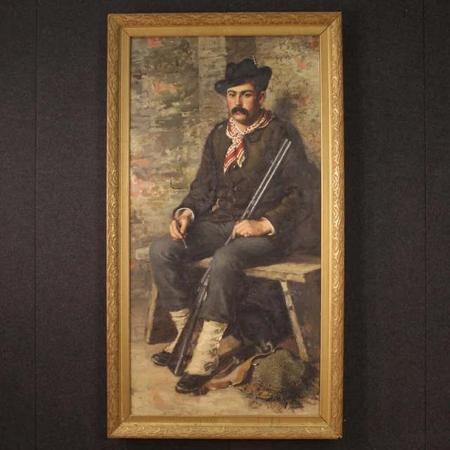GRAND PORTRAIT DE chasseur tableau huile sur toile peinture homme cadre ...