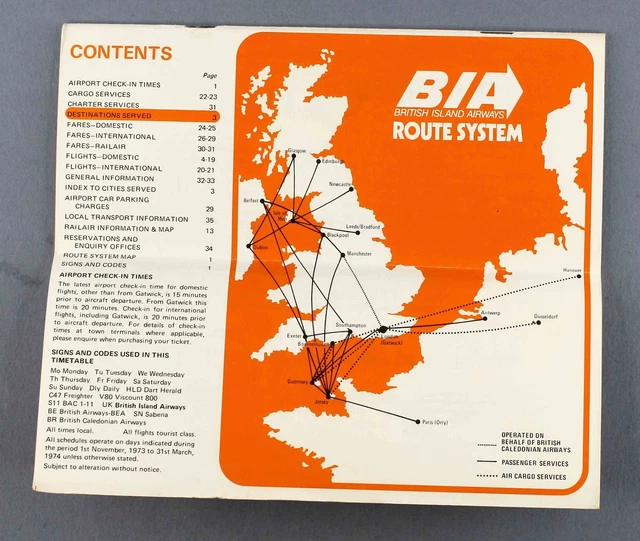 BIA BRITISH ISLAND Airways Airline Timetable Winter 1973/1974 Cabin ...