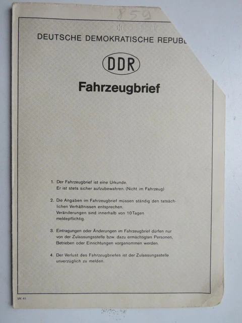 KFZ BRIEF KRAFTFAHRZEUGBRIEF Fahrzeugbrief DDR IFA PKW Trabant 601 Limo ...