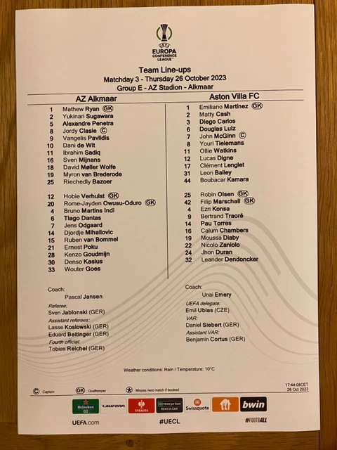 AZ ALKMAAR V Aston Villa 26/10/2023 UECL Group E MD3 A4 Colour Team Line-ups EUR 5,72 - PicClick DE