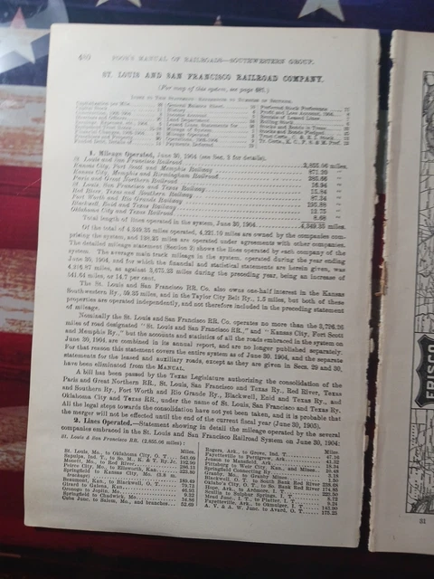 1905 TRAIN ROUTE Map + Report ST LOUIS & SAN FRANCISCO RAILROAD USA ...