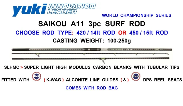 YUKI SAIKO A11 SURF ROD SEA FISHING 3pc SAIKOU A11 BEACHCASTER ROD 100g ...