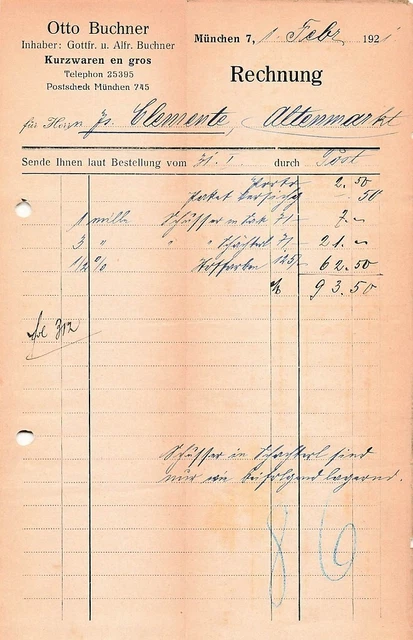 ANCIENNE FACTURE REÇU 1921 Otto Buchner Munich articles courts ...