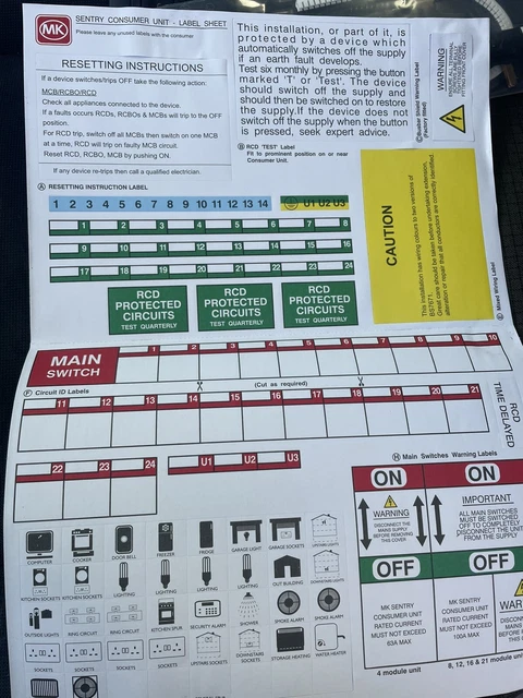MK SENTRY CONSUMER UNIT LABEL STICKER SHEET 17th edition am3 box fuse ...