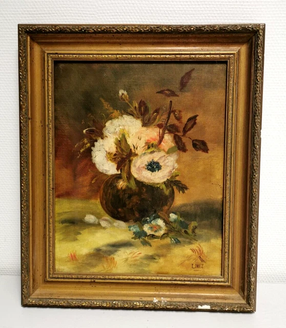 ANCIEN TABLEAU / Huile sur Toile signée LINEZ , Bouquet de Fleurs . Nature Morte EUR 29,00 ...