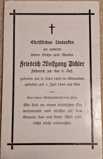 WW2 GERMAN DEATH Card Sterberbild Kriegsmarine July 1943 died at Sea £4 ...