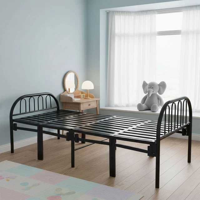 STEEL COMPACT FOLDING Bed Full Bedframe Guest Visitor Single Bed Black ...