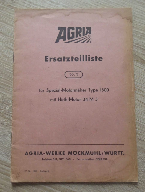 TONDEUSE À MOTEUR spéciale Agria type 1300 liste de pièces de rechange ...