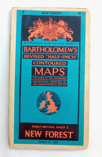 VINTAGE BARTHOLOMEW'S REVISED Half-Inch Contoured Map of New Forest ...
