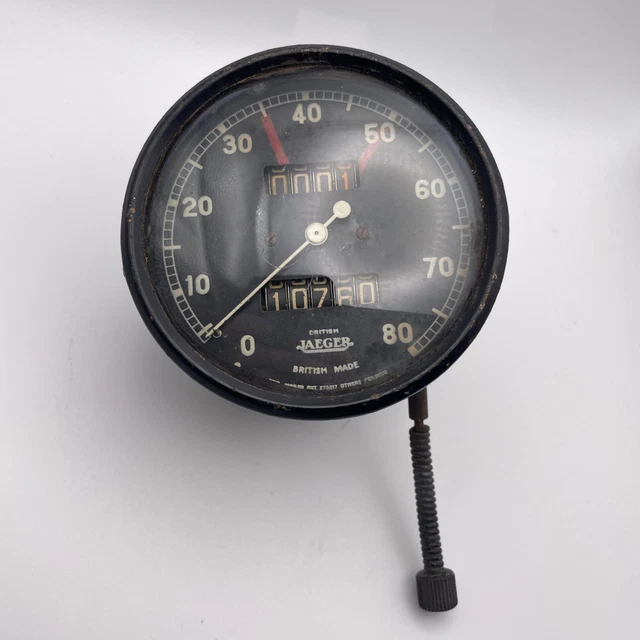 VINTAGE BRITISH JAEGER 80mph Speedometer Mileage Black Metal & Mounting ...