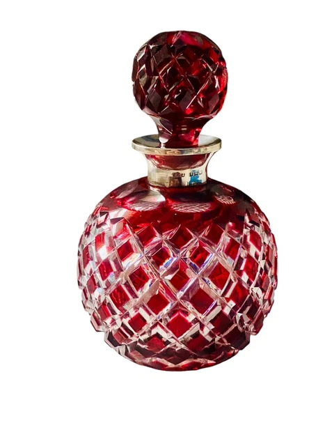 ANTIQUE SILVER MOUNTED Ruby Red Overlay Perfume Scent Cologne Bottle ...